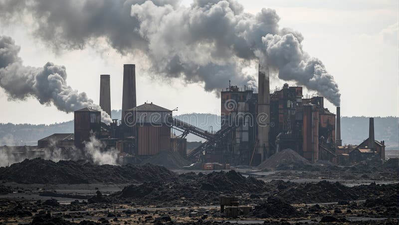 Industrial Coal Processing Facility Emitting Thick Smoke from Rusty ...