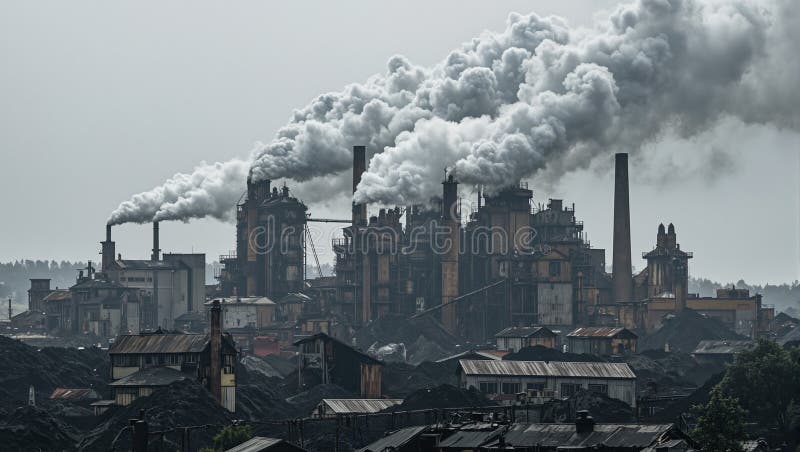 Industrial Coal Processing Facility Emitting Thick Smoke from Rusty ...