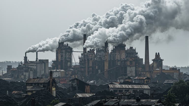 Industrial Coal Processing Facility Emitting Thick Smoke from Rusty ...
