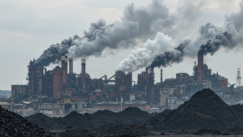 Industrial Coal Processing Facility Emitting Thick Smoke from Rusty ...