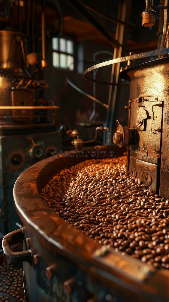Industrial Coffee Bean Roaster in Action, Warm Lighting. Specialty ...