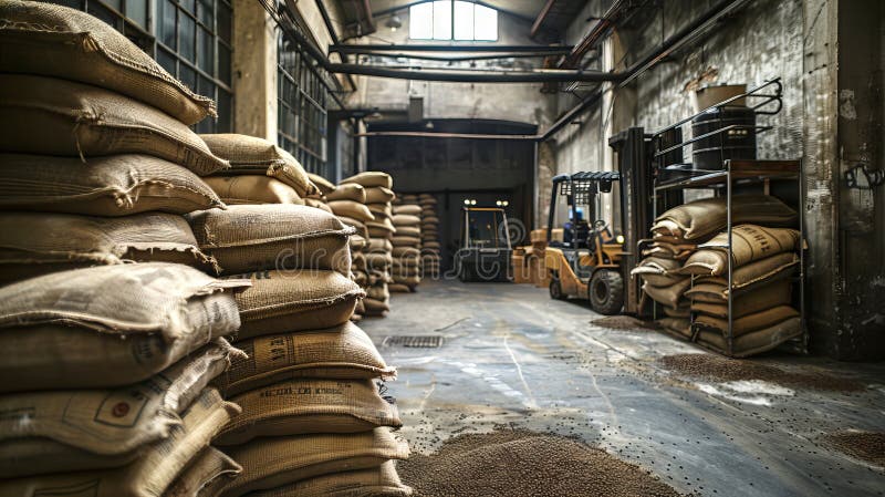 Industrial Coffee Factory with Stacked Burlap Sacks and Forklift for ...