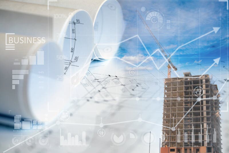 Industrial Collage with Charts Stock Photo - Image of building ...