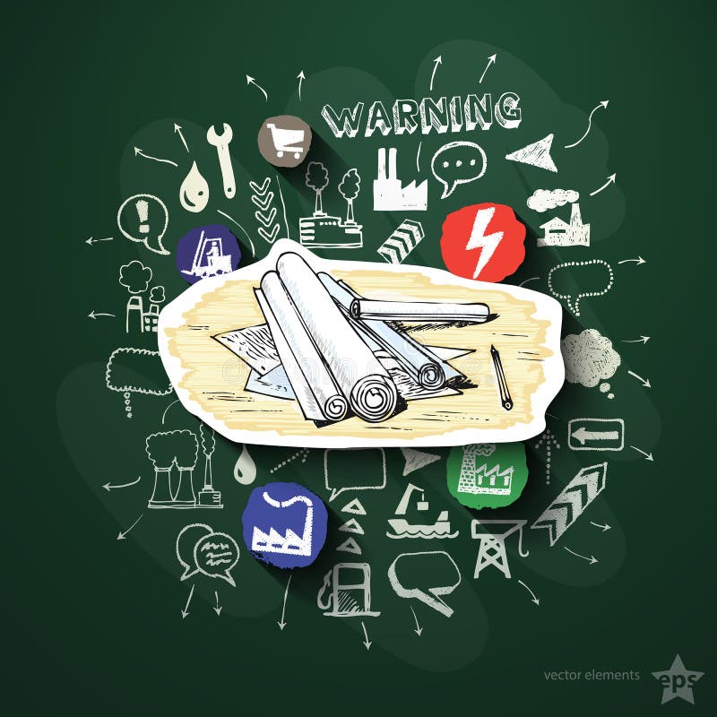 Industrial Collage With Icons On Blackboard Stock Vector - Illustration ...