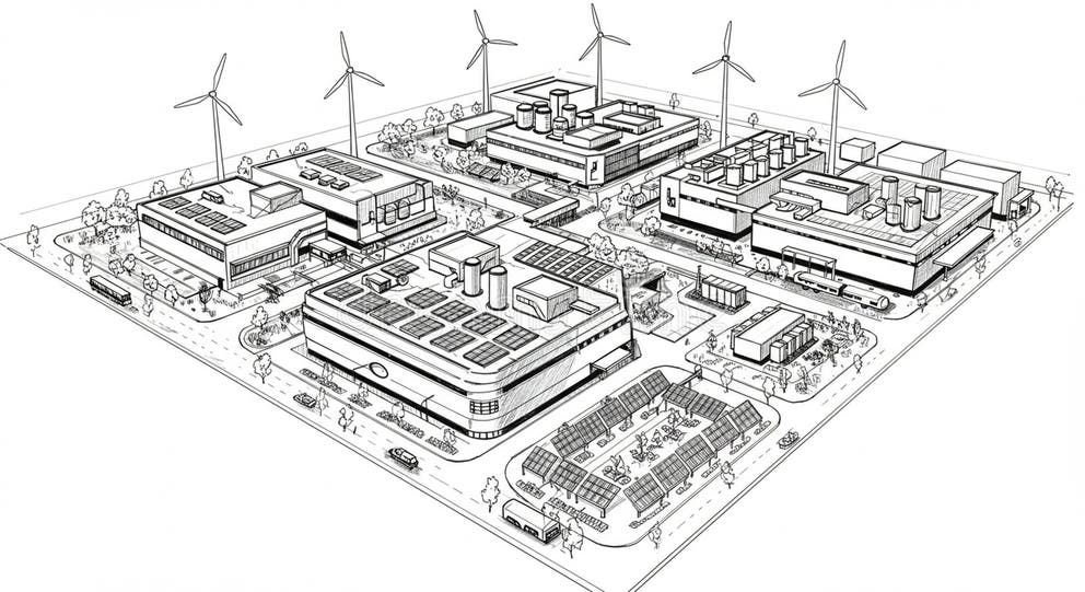 Industrial Complex Drawing with Four Large, Rectangular Buildings ...