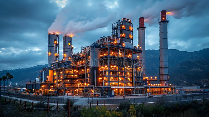 Industrial Complex at Dusk with Illuminated Towers and Smoke Stock ...
