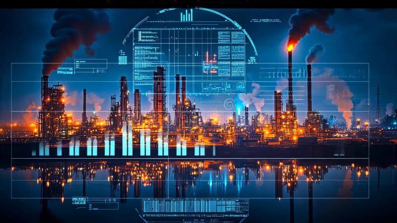 Industrial Complex Illuminated at Night with Technological Overlays ...