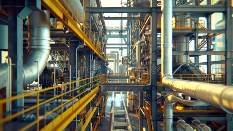 Industrial Complex with Intertwined Pipes and Platforms Stock ...