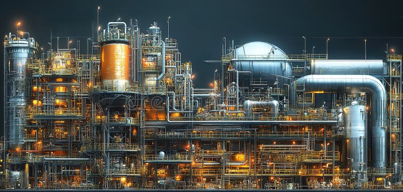 Industrial Complex with Intricate Piping and Glowing Tanks during ...