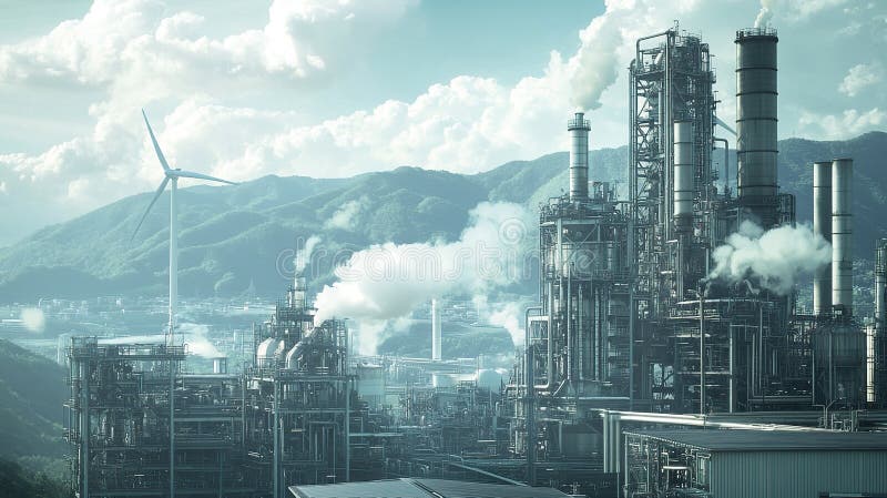 Industrial Complex Mountain Backdrop Wind Turbine, Air Pollution, Energy Transition Stock ...