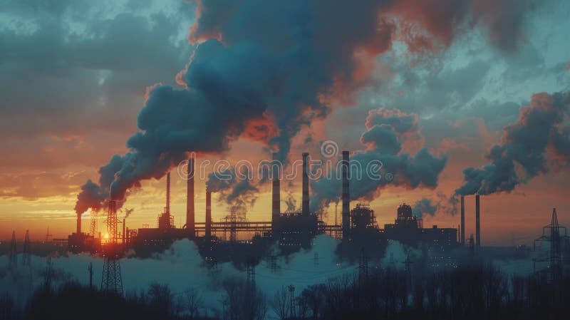 An Industrial Complex with Multiple Smokestacks Emitting Large Amounts ...