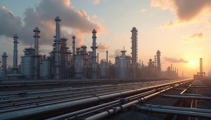 Industrial Complex with Multiple Towers, Tanks, Pipelines Under ...