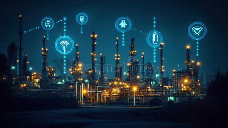Industrial Complex at Night with Connected Technology Stock ...