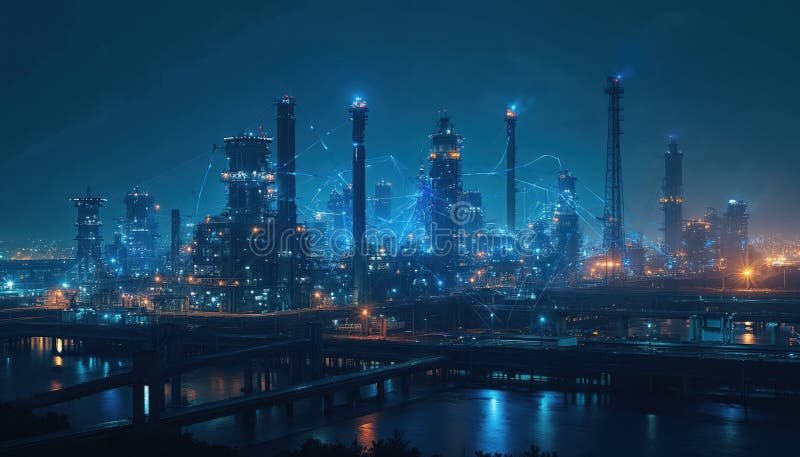 Industrial Complex at Night with Digital Network Overlay. Modern ...