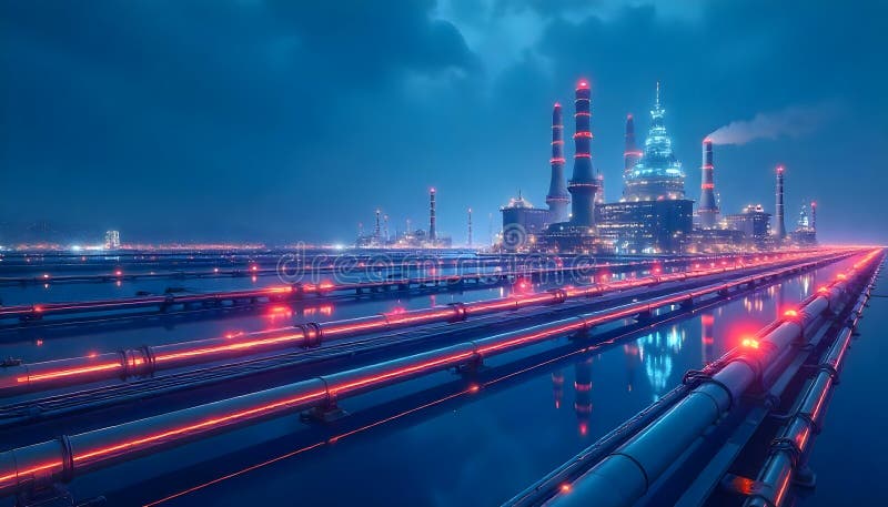 Industrial Complex at Night, Featuring Illuminated Pipelines Leading To ...