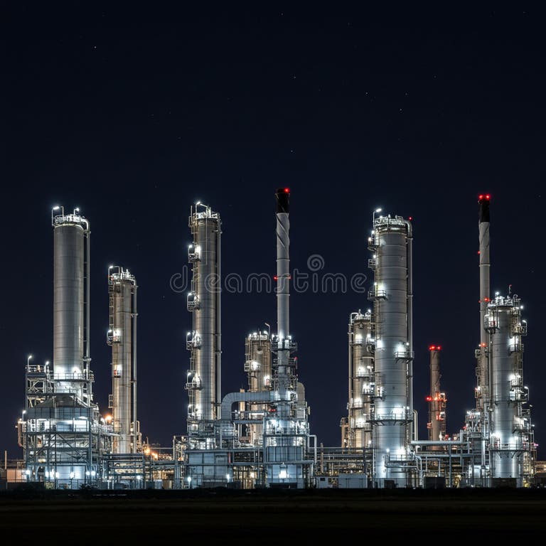 Industrial Complex at Night, Featuring Multiple Tall Distillation ...