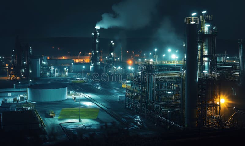 Industrial Complex at Night with Illuminated Structures and Smoke ...