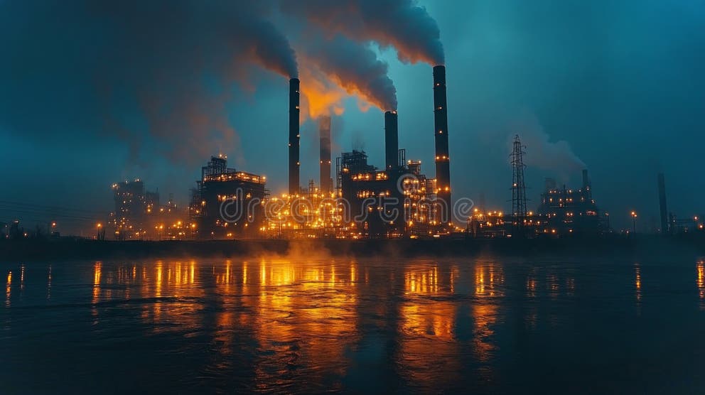 Industrial Complex at Night with Illuminated Structures and Smoke ...