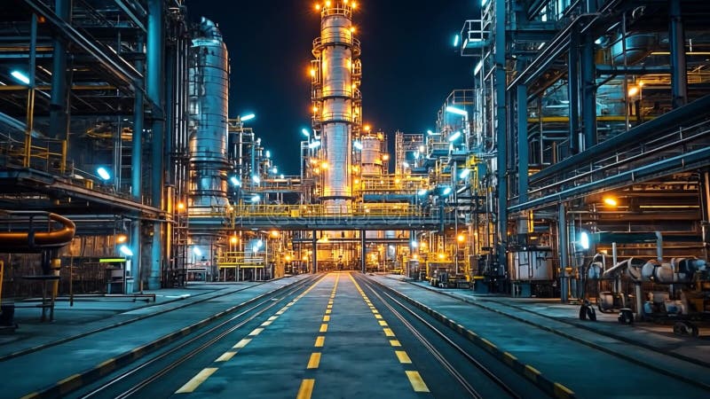 Industrial Complex at Night with Illuminated Structures and Tracks in a ...