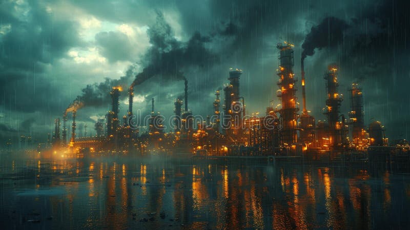 Industrial Complex at Night in Rain Generative Ai Stock Illustration ...