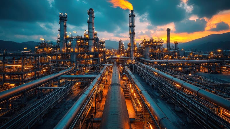 Industrial Complex with Pipes and Smokestacks at Sunset, Dramatic Sky ...