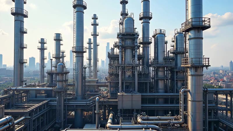 Industrial Complex at Night with Illuminated Pipes and Tanks in a ...