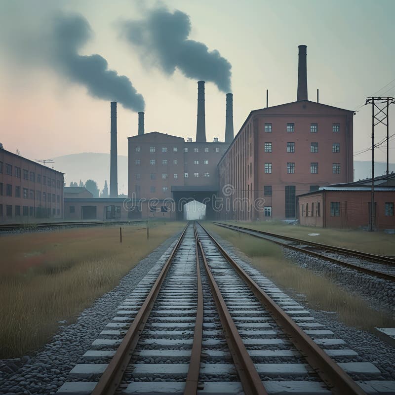 Industrial Complex with Rail Tracks and Smokestacks Stock Image - Image ...