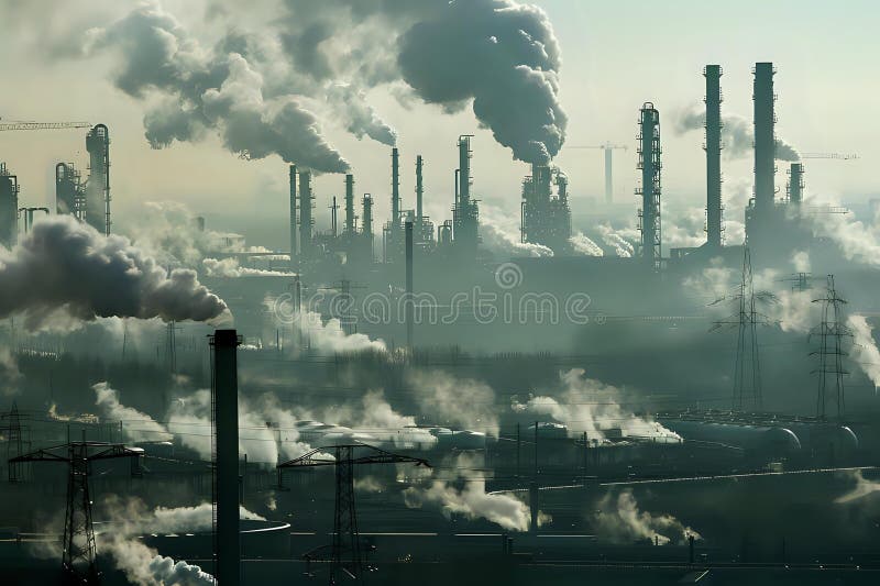 Industrial Complex: Smoke Stacks Emit Pollution into Atmosphere ...