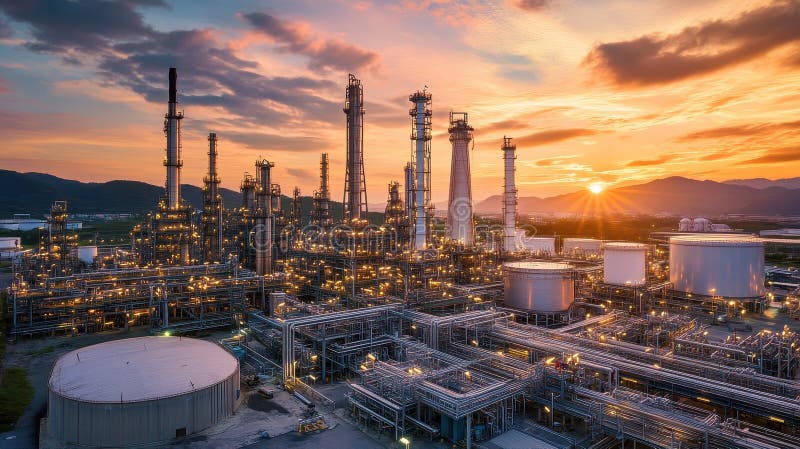 Industrial Complex at Sunset with Illuminated Structures and Pipes ...