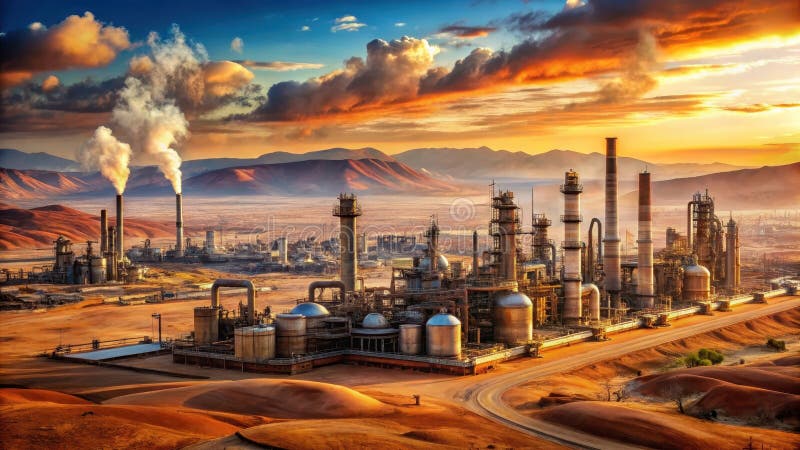 Industrial Complex at Sunset a Panorama of Refining Towers and Processing Units in an Arid ...