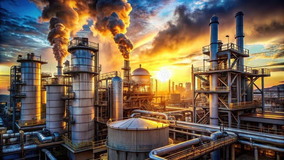 Industrial Complex at Sunset a Panorama of Refining Towers and ...