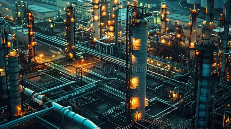 Industrial Complex at Twilight with Illuminated Machinery. Generative ...