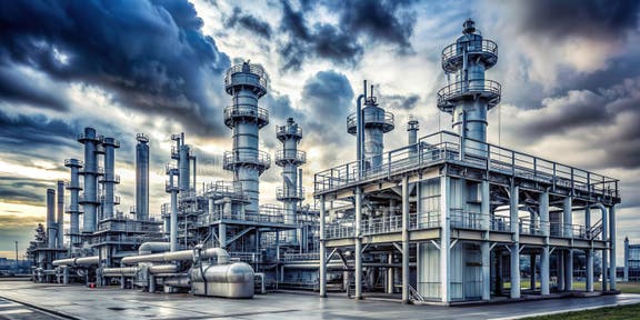 Industrial Complex Under a Dramatic Sky a Panorama of Steel Structures ...