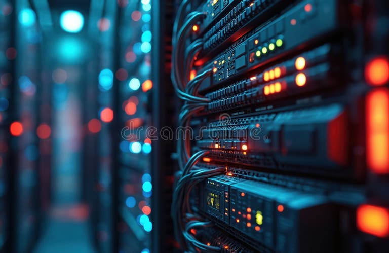 Industrial Computer System with Server Rack, Multiple Cables, Monitor ...