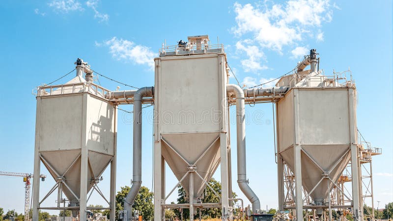 Industrial Concrete Mixing Silos with Connecting Pipes Under Blue Skies ...