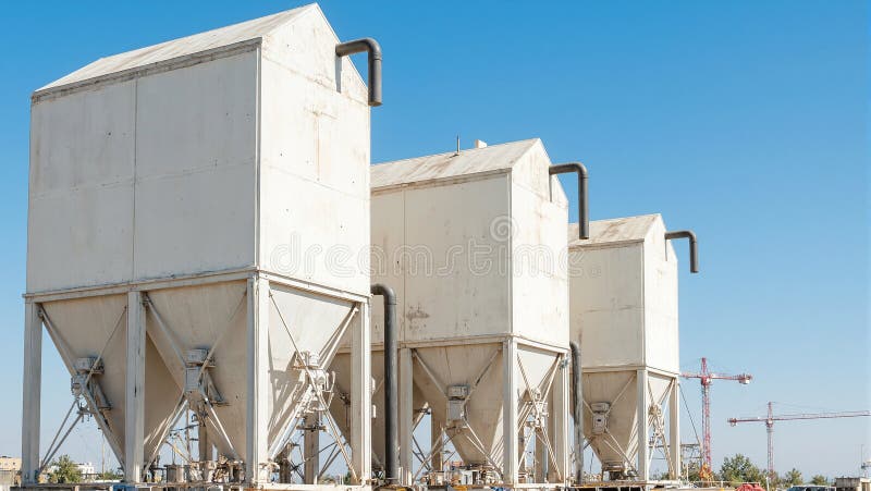 Industrial Concrete Mixing Silos with Connecting Pipes Under Blue Skies ...