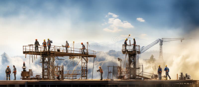 Industrial Construction Site with Cranes and Workers, Panoramic Banner ...