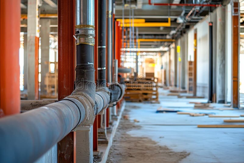 Industrial Construction Site with Large Pipes and Building Framework ...
