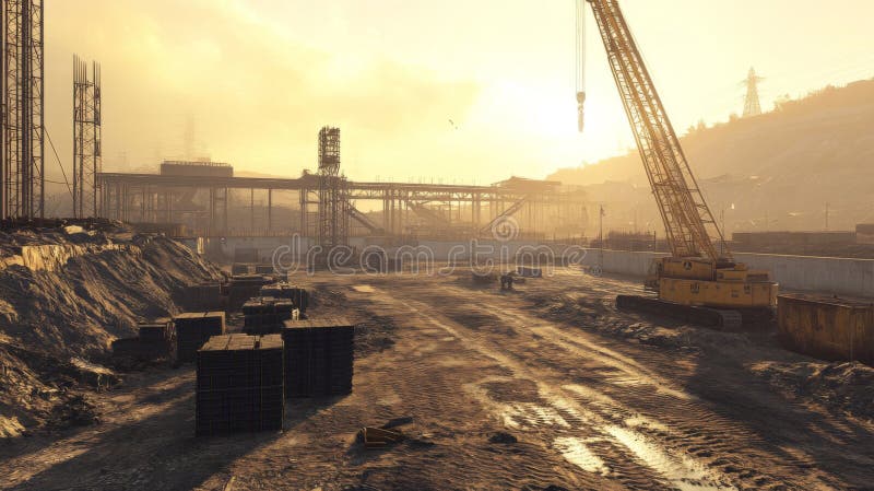 Industrial Construction Site at Sunset Showing Heavy Machinery and ...