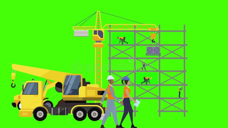 Industrial Construction Work with Peoples and Machines, Crane Scene ...