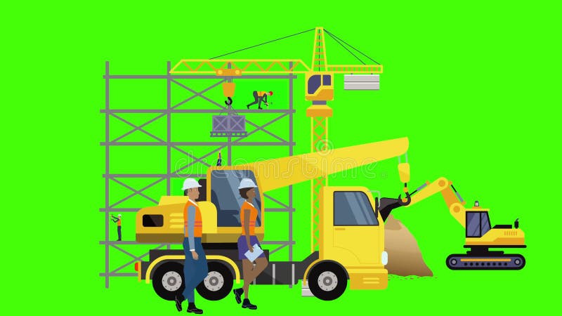 Industrial Construction Work with Peoples and Machines, Crane Scene ...