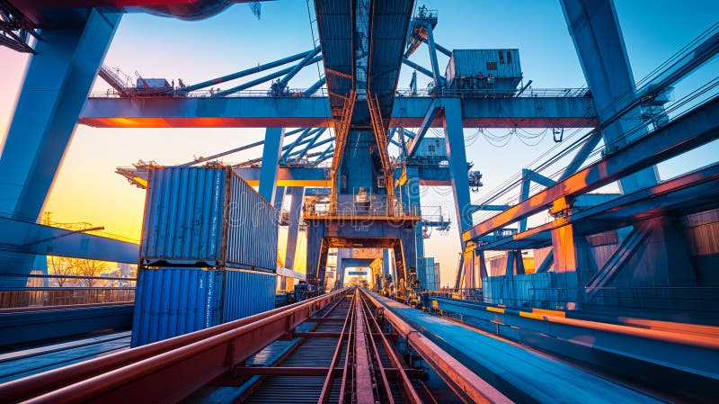 Industrial Container Handling System Operating at Sunset in a Modern ...