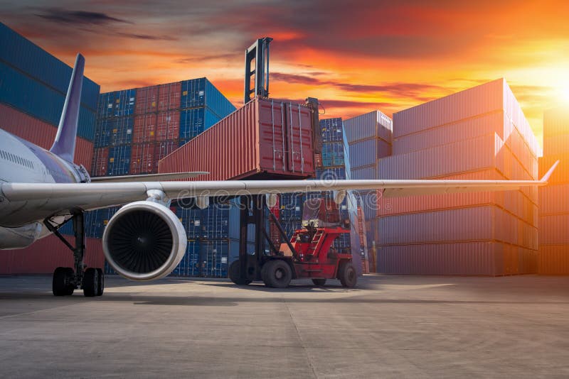 Industrial Container Yard with Forklift Working in the Morning for ...