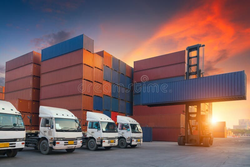 Industrial Container Yard with Forklift Working in the Morning for ...
