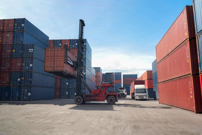 Industrial Container Yard with Forklift Working in the Morning Stock ...