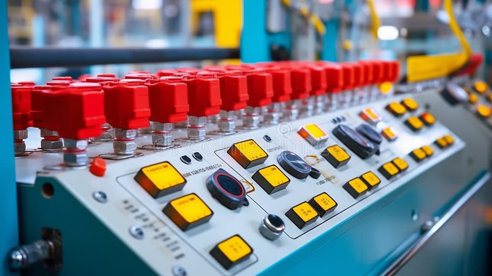 Industrial Control Panel Buttons Close-Up: Machinery Production ...