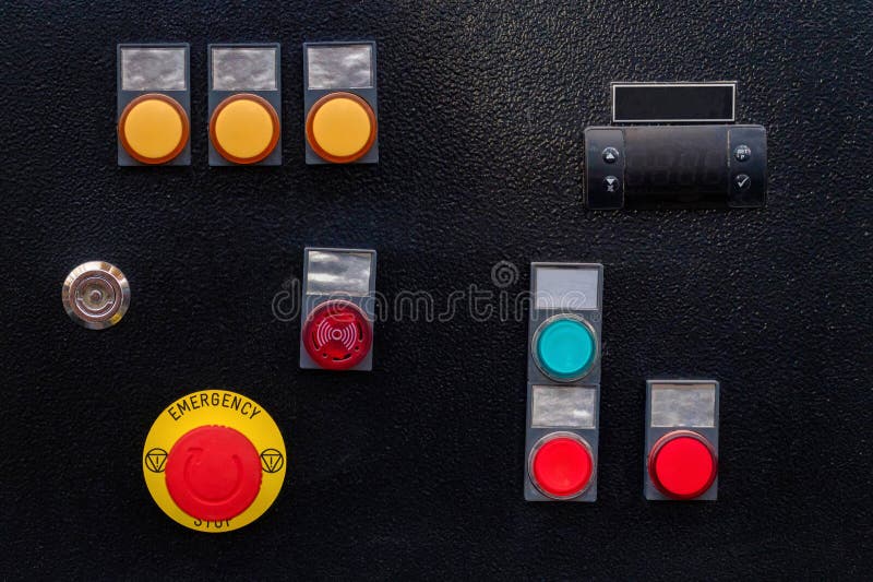 Industrial Control Panel at Factory with Yellow and Red Buttons Stock ...