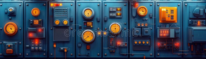 Industrial Control Panel with Various Gauges, Buttons, and Indicator ...