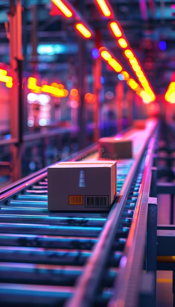 Industrial Conveyor Belt with Barcode Boxes and LED Lighting for ...