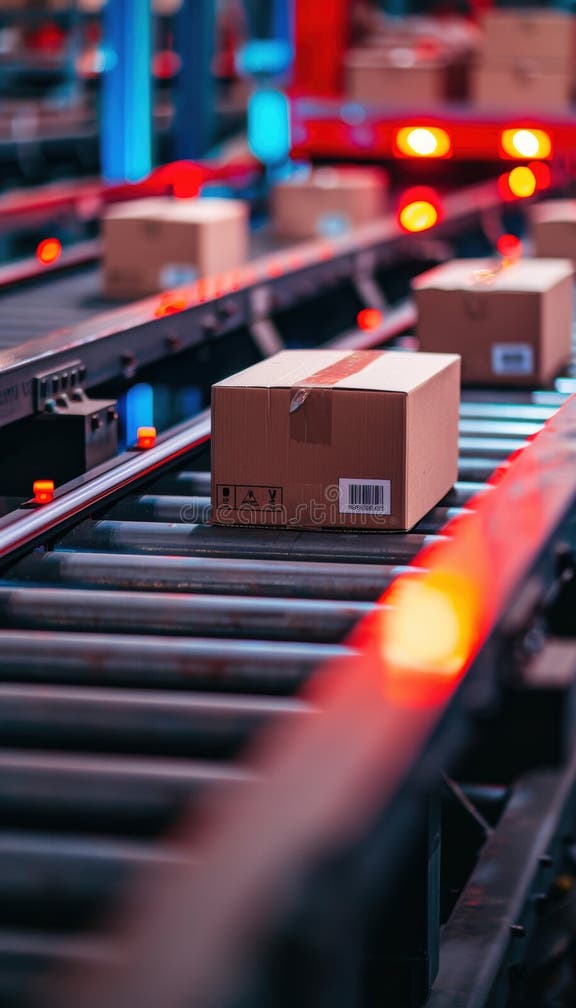 Industrial Conveyor Belt with Barcode Boxes and LED Lighting for ...